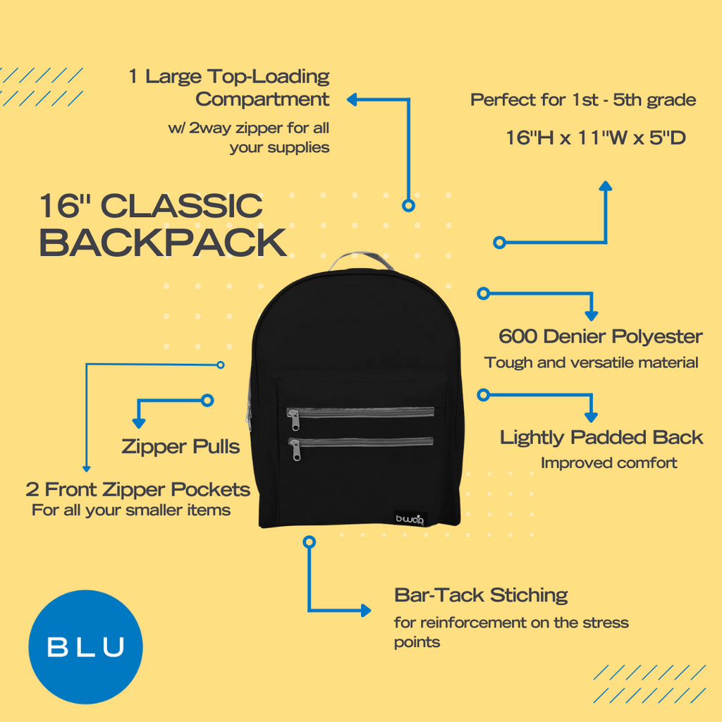 Wholesale 16" Classic Backpacks Assorted Colors – BLU School Supplies